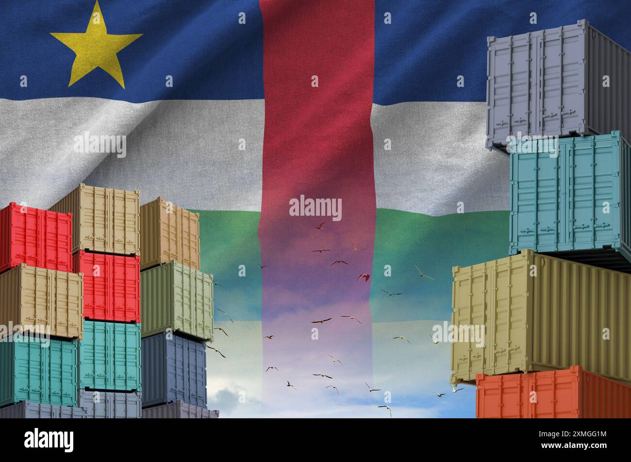 Central African Republic flag and big stack of shipping cargo ...