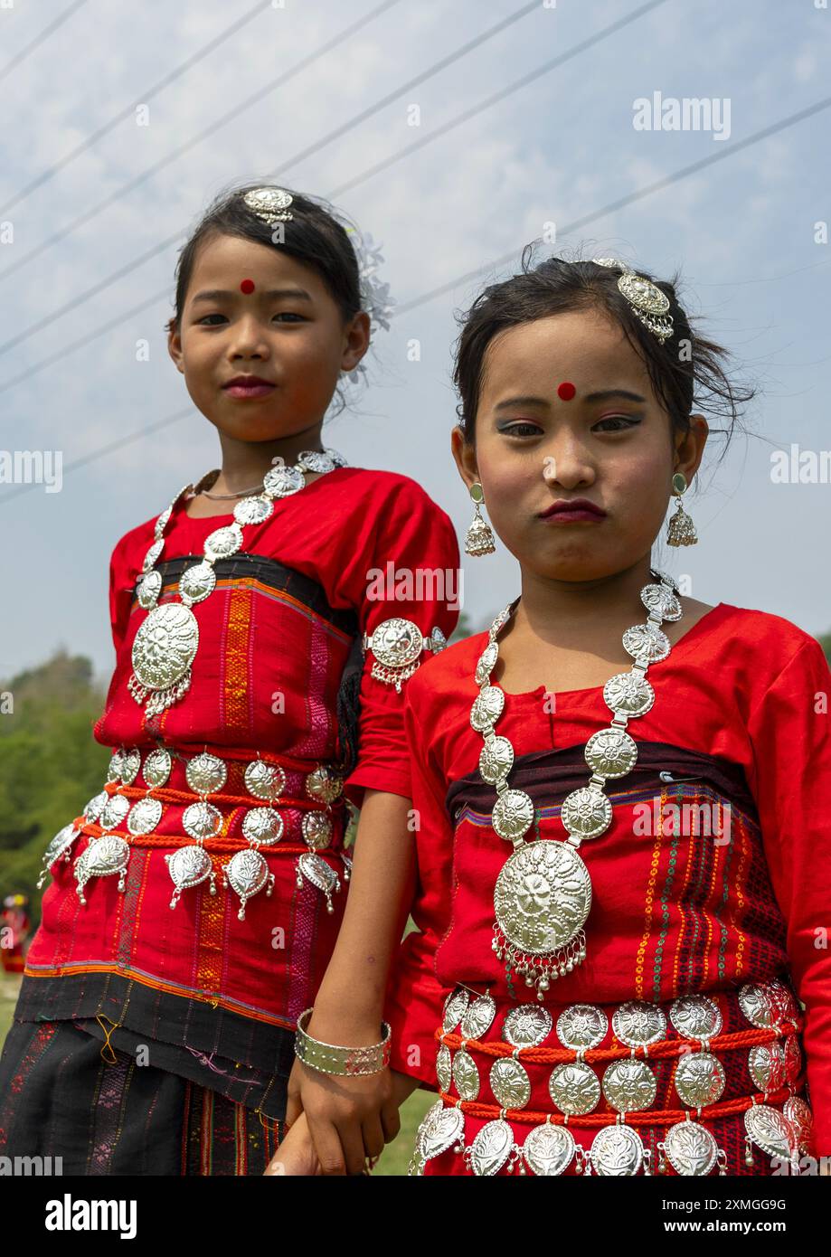 Chakma girls in tradtional clothing celebrating Biju festival, Chittagong Division, Kawkhali ...