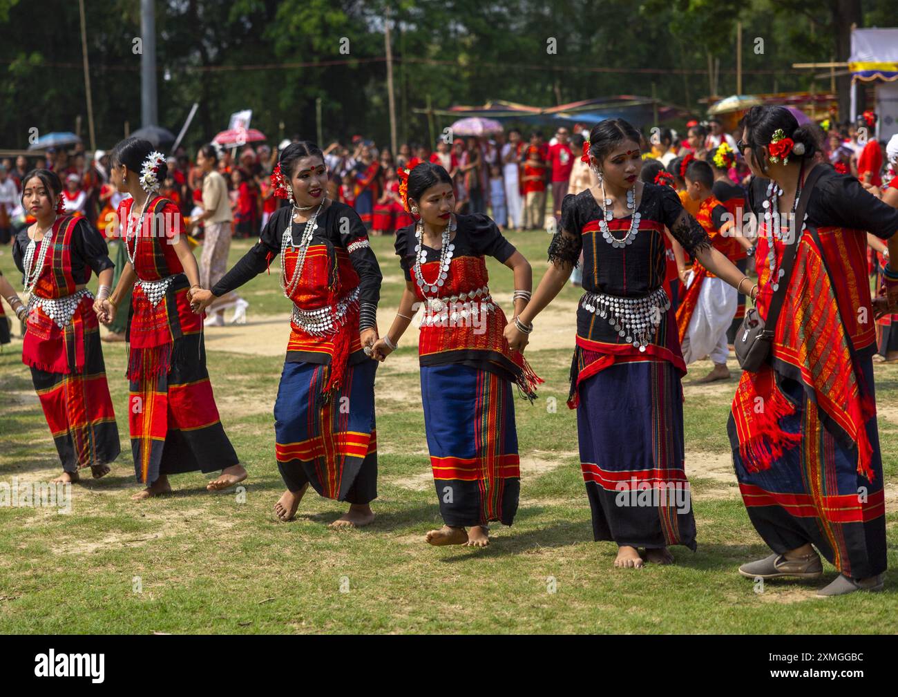 Chakma women in traditional clothing celebrating Biju festival, Chittagong Division, Kawkhali ...