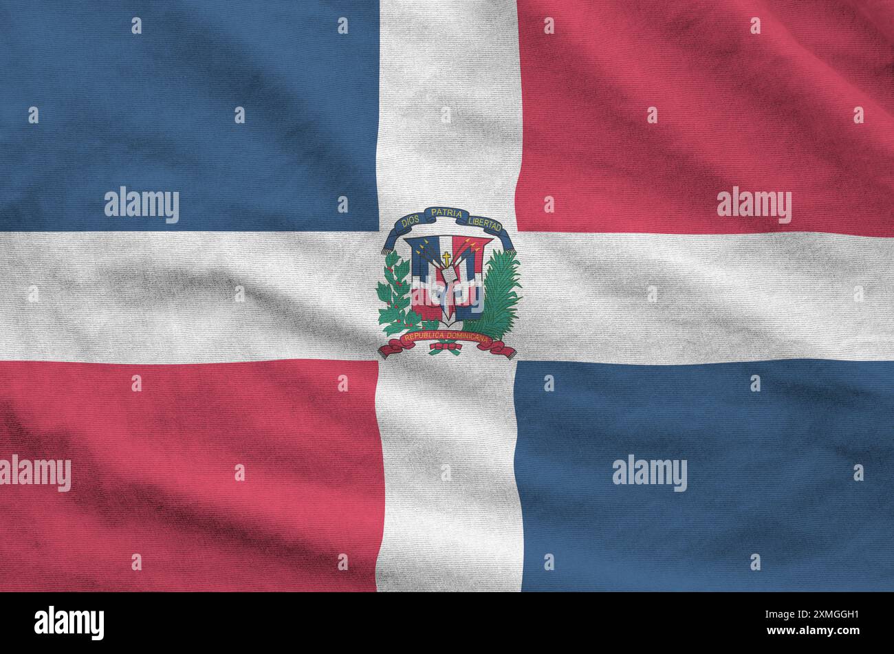 Dominican Republic flag depicted on folded wavy fabric of old cloth ...