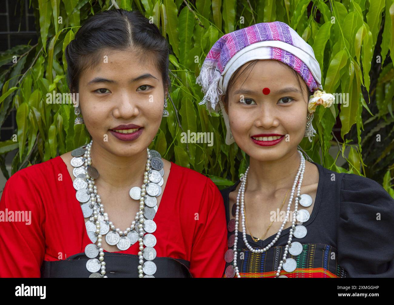 Chakma women in traditional clothing celebrating Biju festival, Chittagong Division, Kawkhali ...