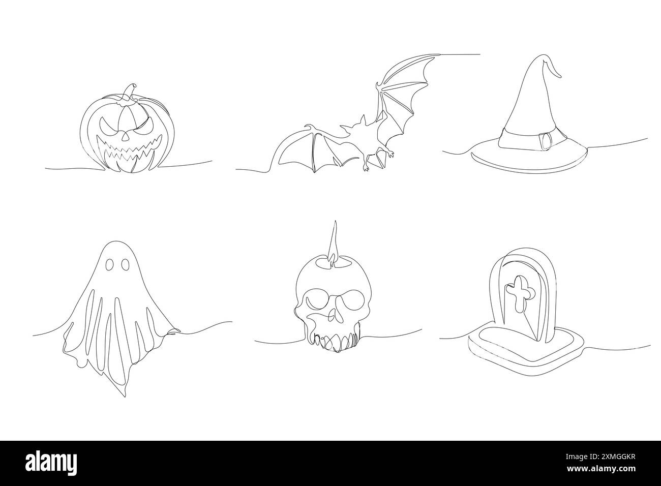 One line set, for Halloween. Pumpkin, Bat, skull, ghost tombstone ...
