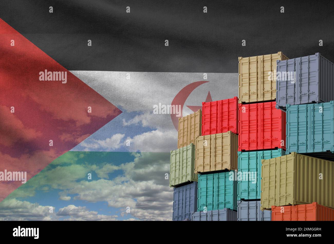 Western Sahara flag and big stack of shipping cargo containers in docks ...