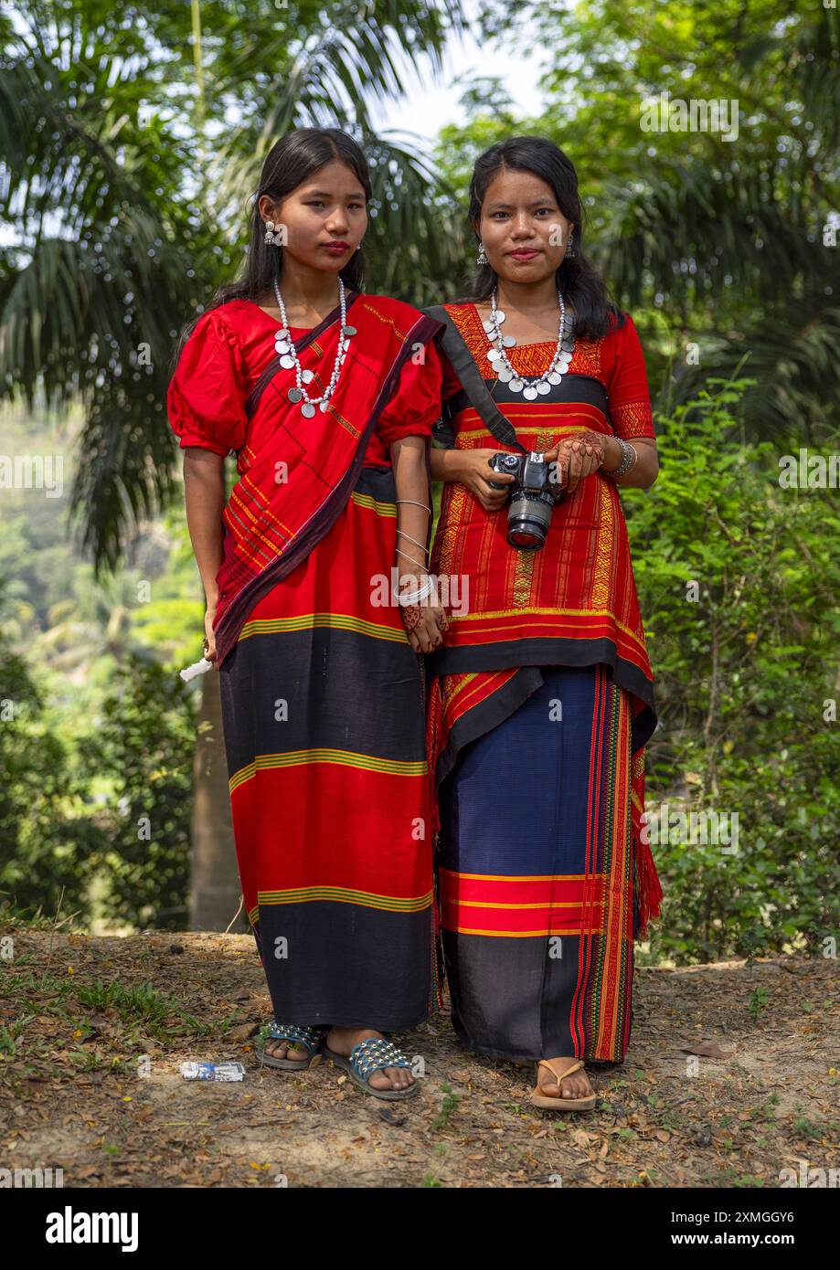 Chakma women in traditional clothing celebrating Biju festival, Chittagong Division, Rangamati ...