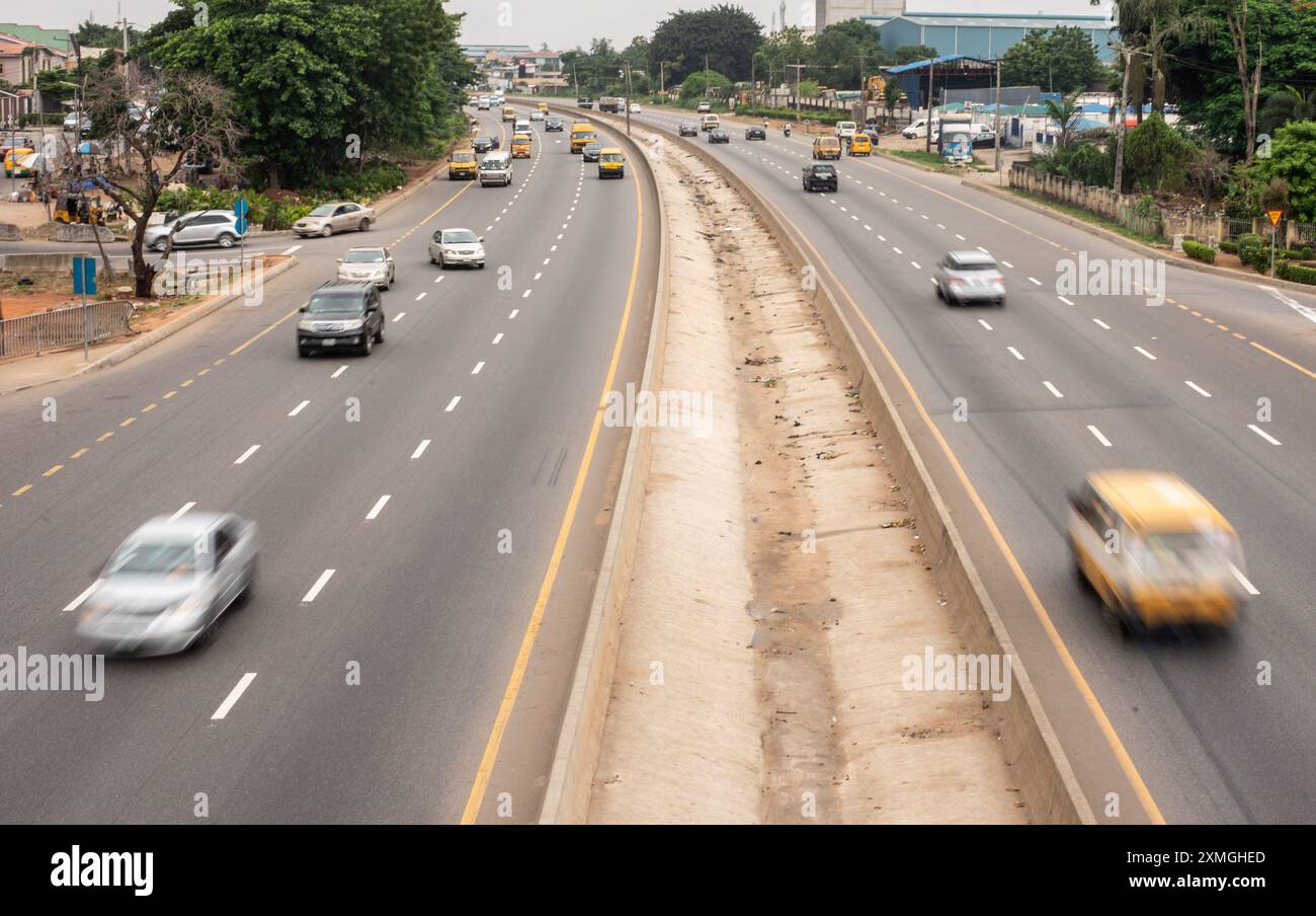 Light traffic along Lagos Ibadan highway, Nigeria, July 27 2024. Petrol ...