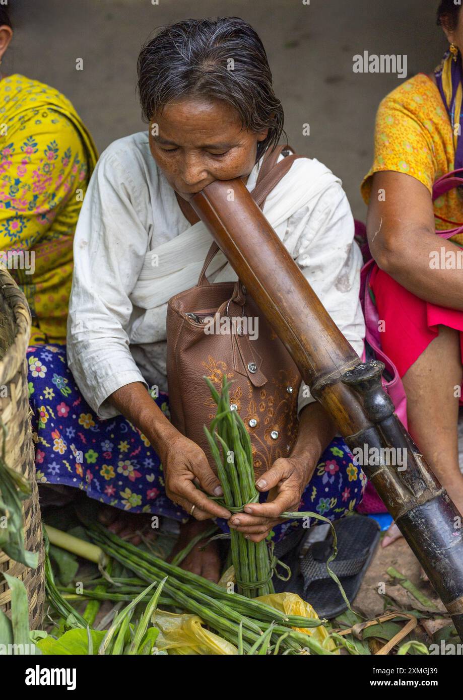 Chakma tribe woman smoking bamboo pipe, Chittagong Division, Rangamati ...