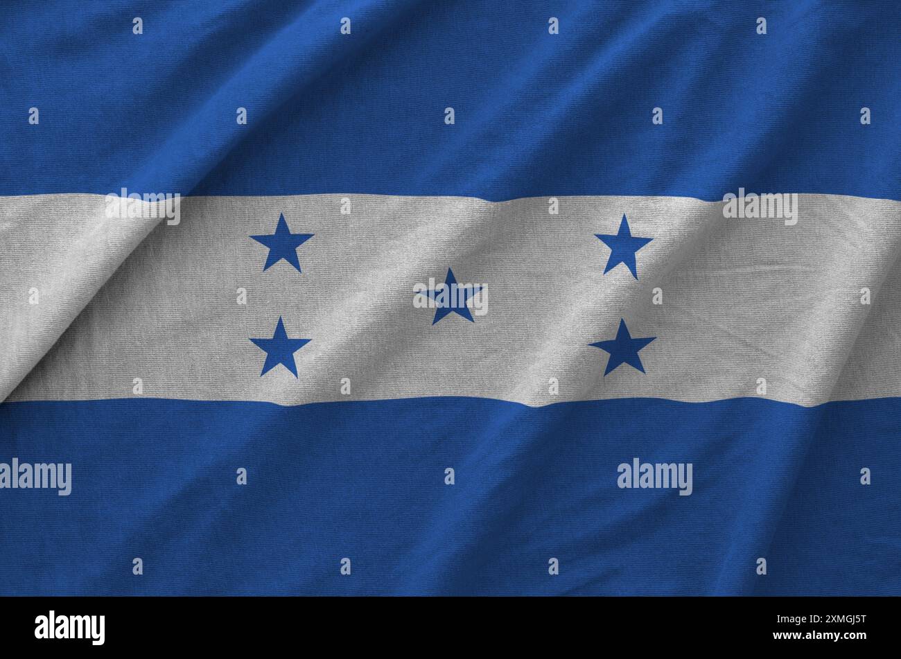 Honduras flag depicted on folded wavy fabric of old cloth close up ...