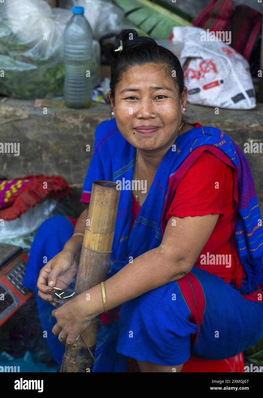 Portrait of a Chakma tribe woman with a pipe, Chittagong Division ...