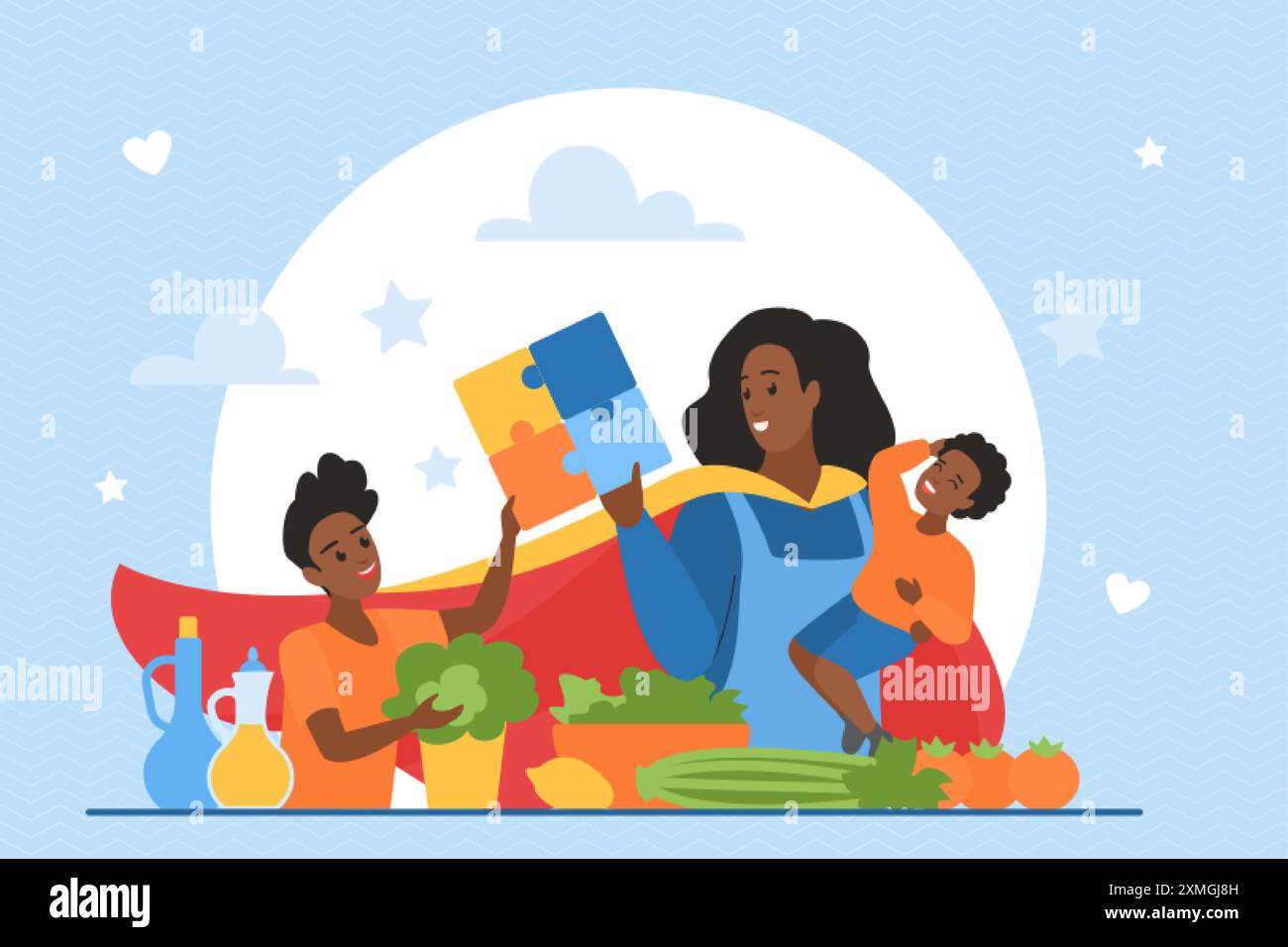 A mother depicted as a superhero with her children, engaging in various ...