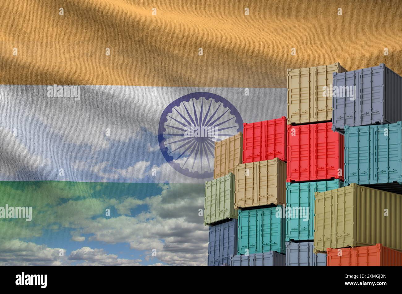 India flag and big stack of shipping cargo containers in docks with sky ...