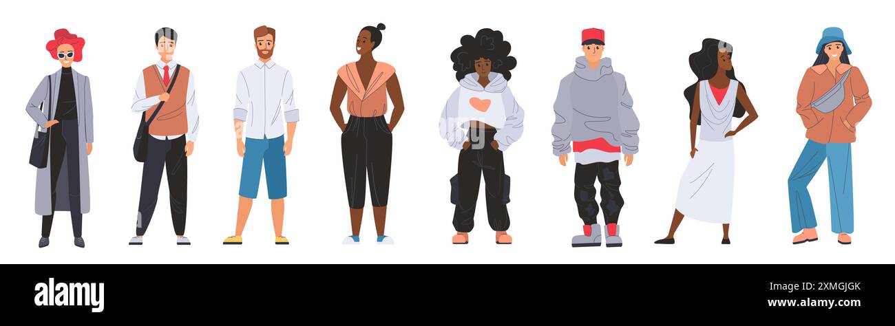 A diverse group of people wearing different styles of street clothes ...