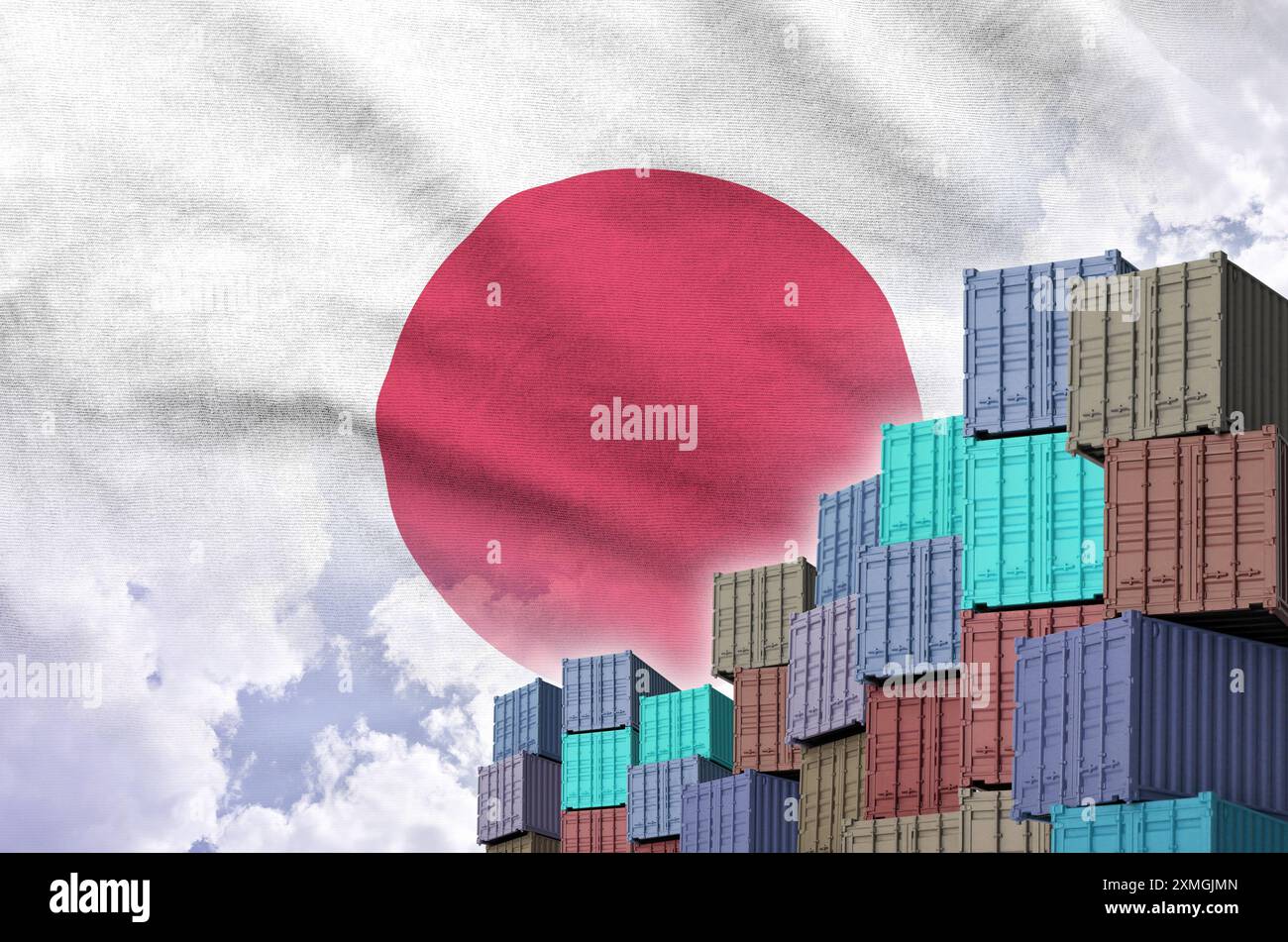 Japan flag and big stack of shipping cargo containers in docks with sky ...