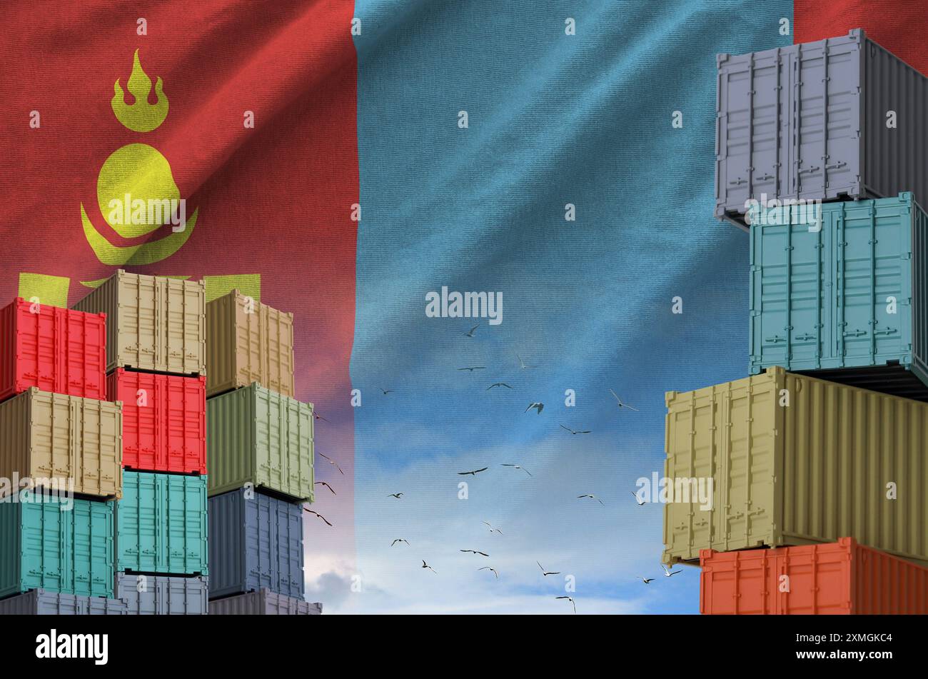 Mongolia flag and big stack of shipping cargo containers in docks with ...