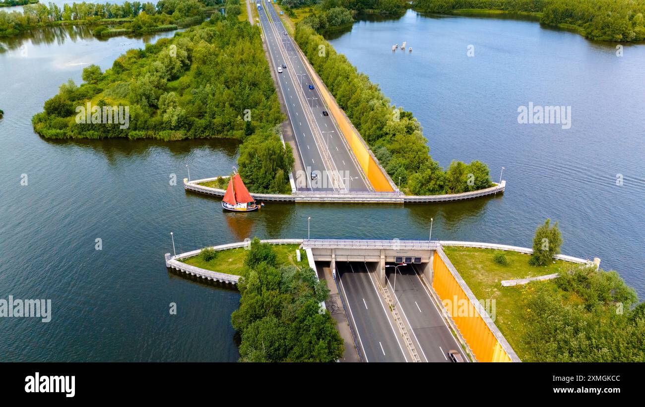 An aerial view of the Aquaduct Veluwemeer in the Netherlands ...