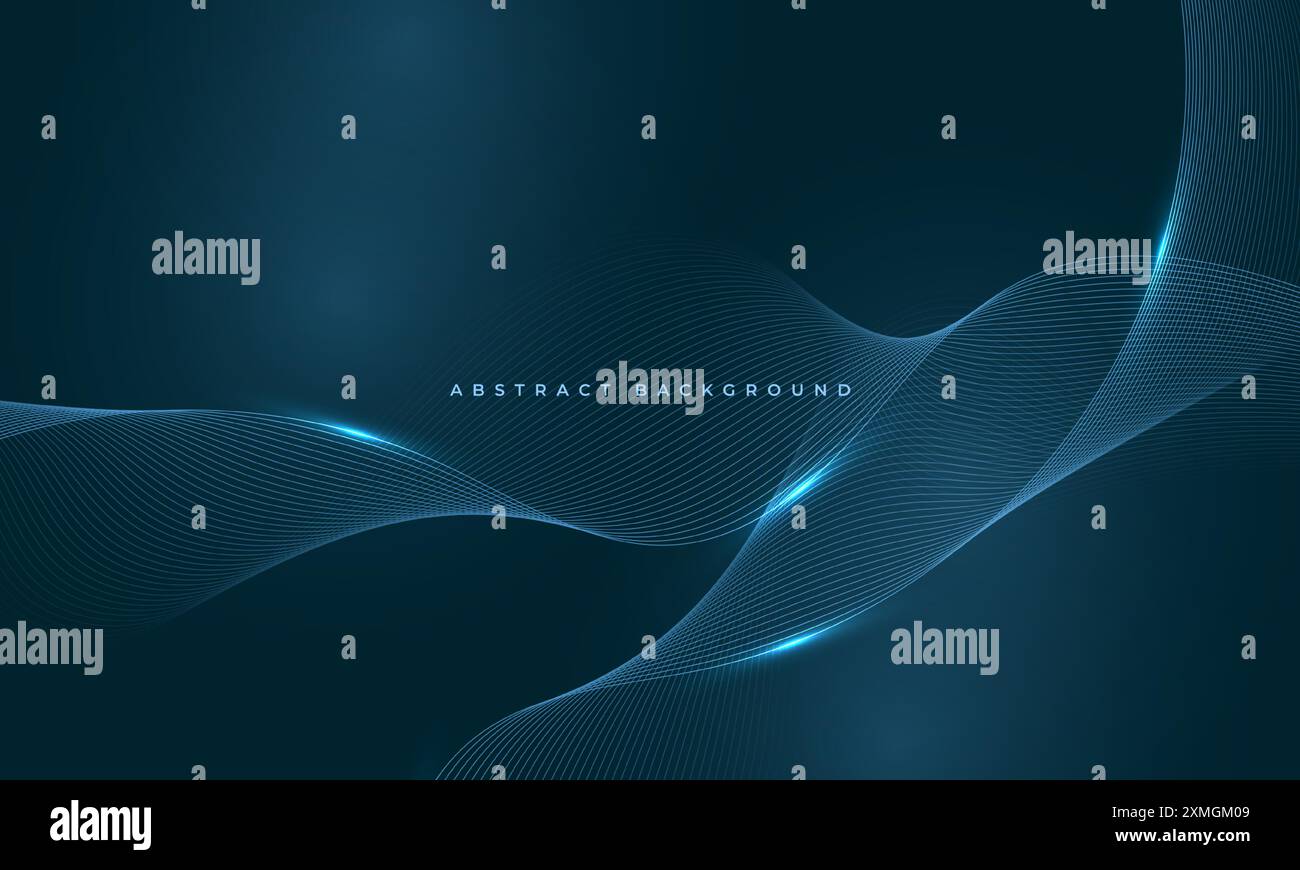 Glowing blue wavy lines on abstract technology dark blue background ...