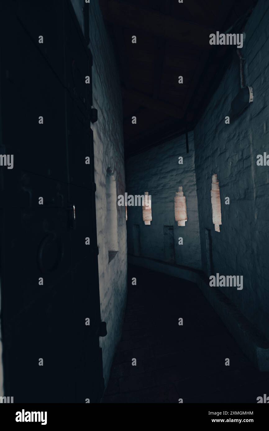 A dark, narrow corridor in an ancient building, featuring small, light ...
