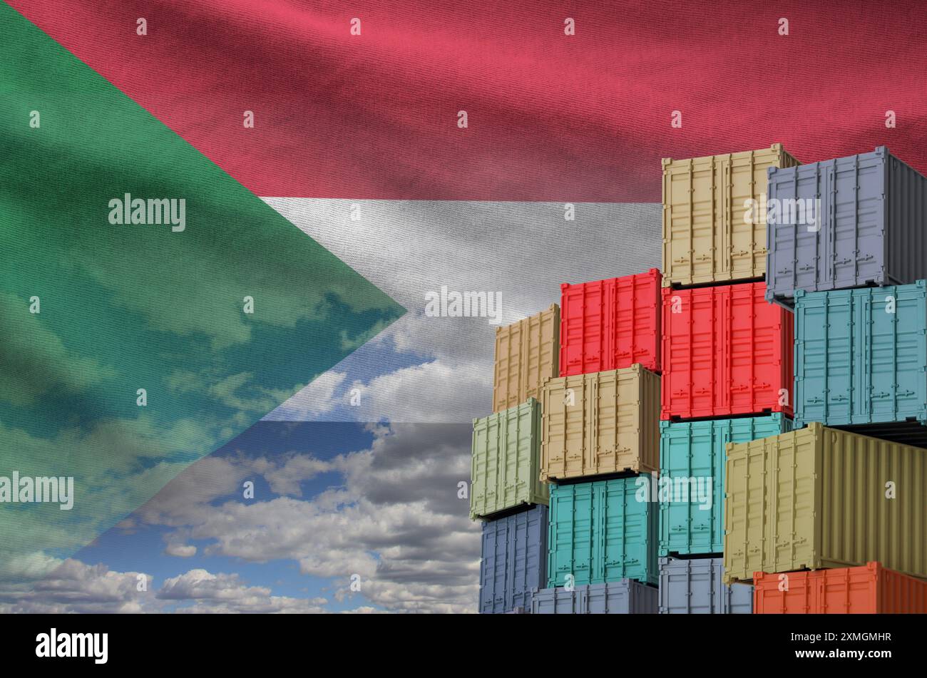 Sudan flag and big stack of shipping cargo containers in docks with sky ...