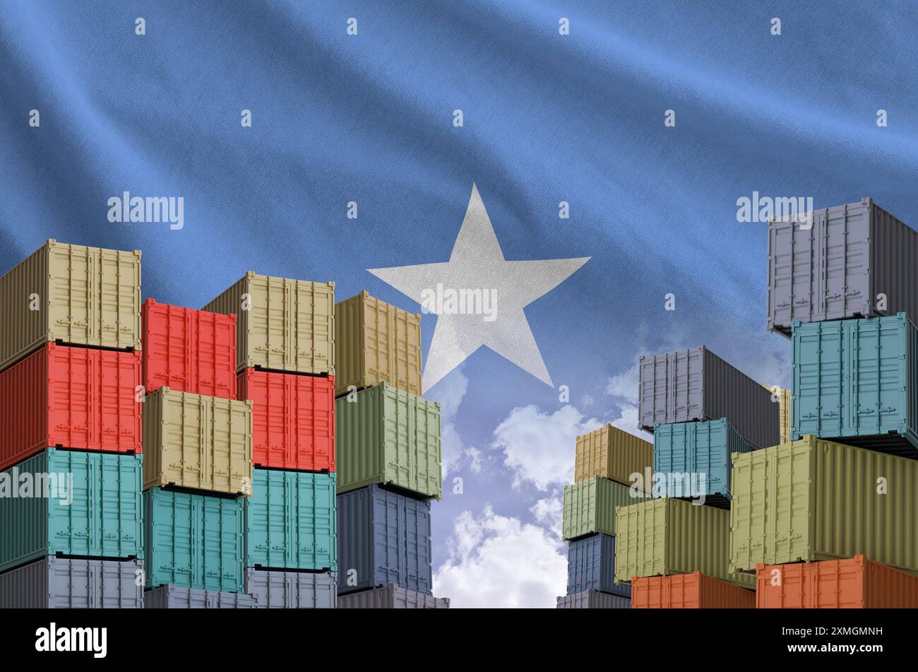 Somalia flag and big stack of shipping cargo containers in docks with ...