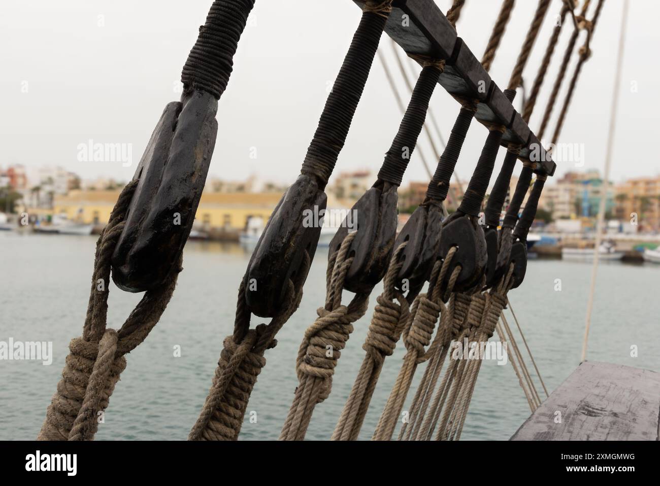 Close-up of the running rigging system on an old caravel ship Stock ...