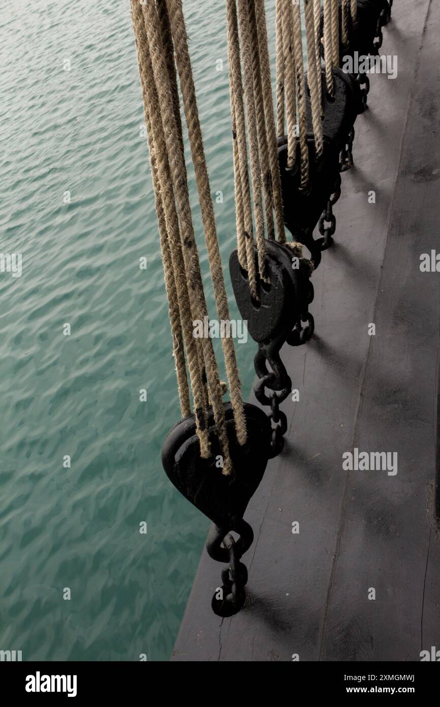 Close-Up of Ancient Wooden Ship Running Rigging Pulleys Stock Photo - Alamy