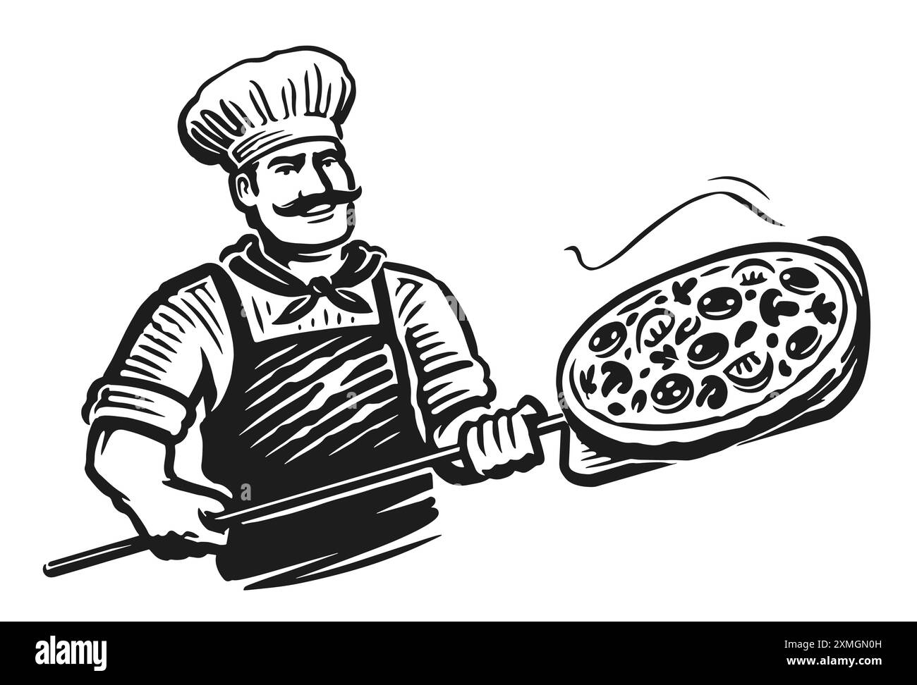 Italian male chef with pizza. Pizzeria, fast food emblem. Hand drawn ...