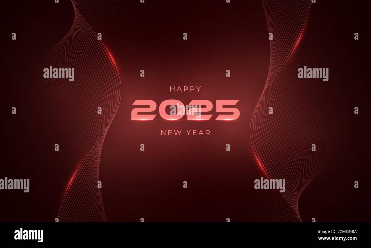 New year 2025 red festive background with red glowing wavy lines and ...