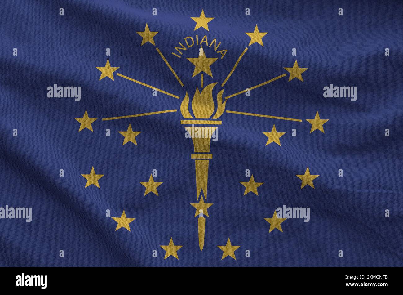 Indiana US state flag depicted on folded wavy fabric of old cloth close ...