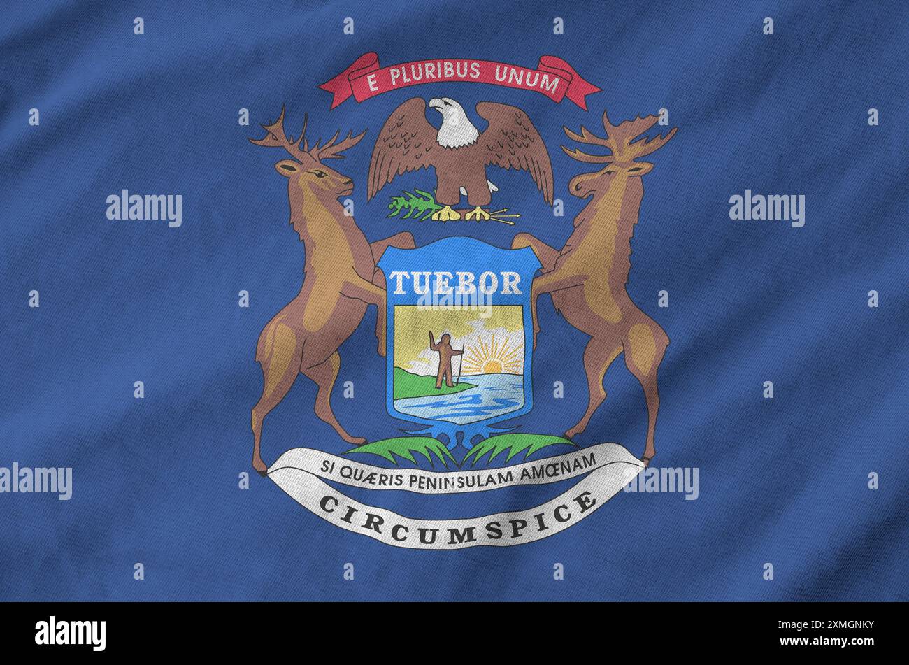 Michigan US state flag depicted on folded wavy fabric of old cloth ...