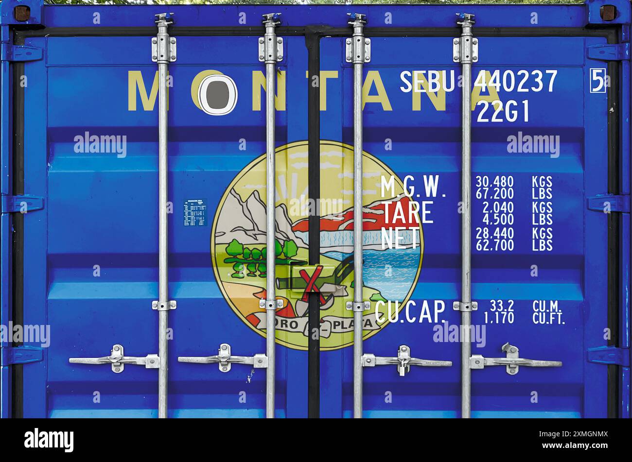 Montana US state flag depicted on metal doors of shipping cargo ...