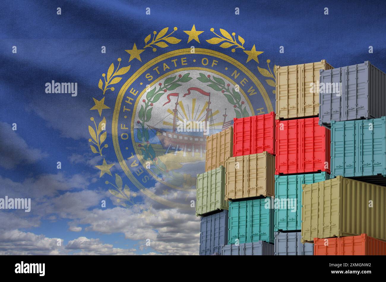 New Hampshire US state flag and big stack of shipping cargo containers ...