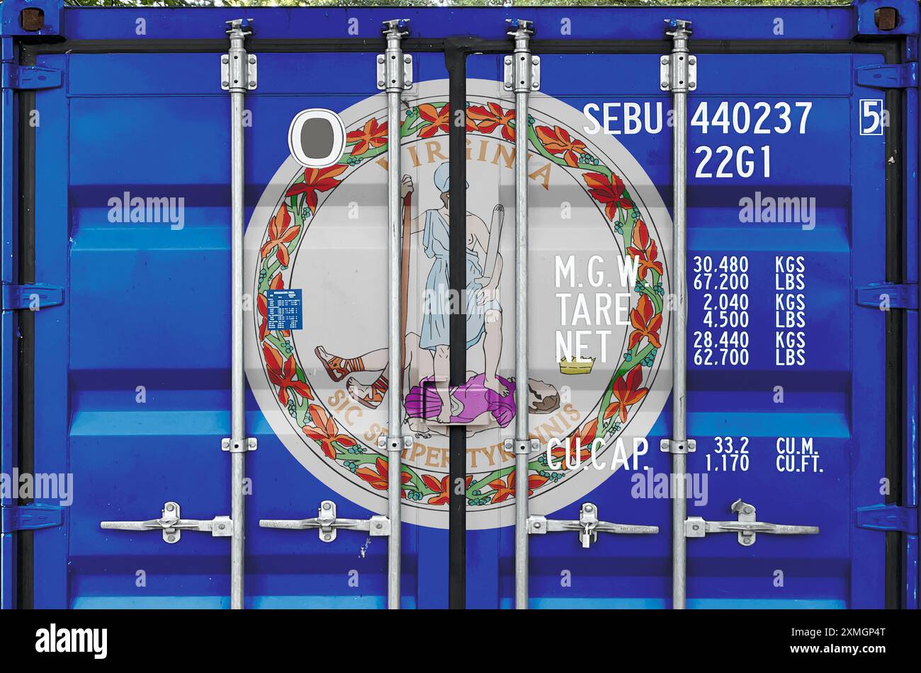 Virginia US state flag depicted on metal doors of shipping cargo ...