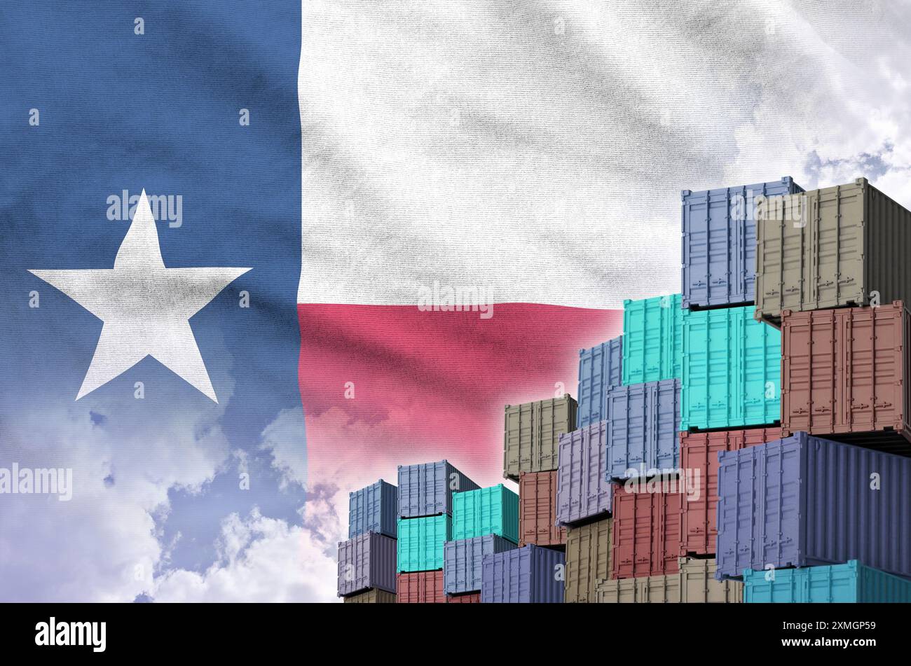 Texas US state flag and big stack of shipping cargo containers in docks ...