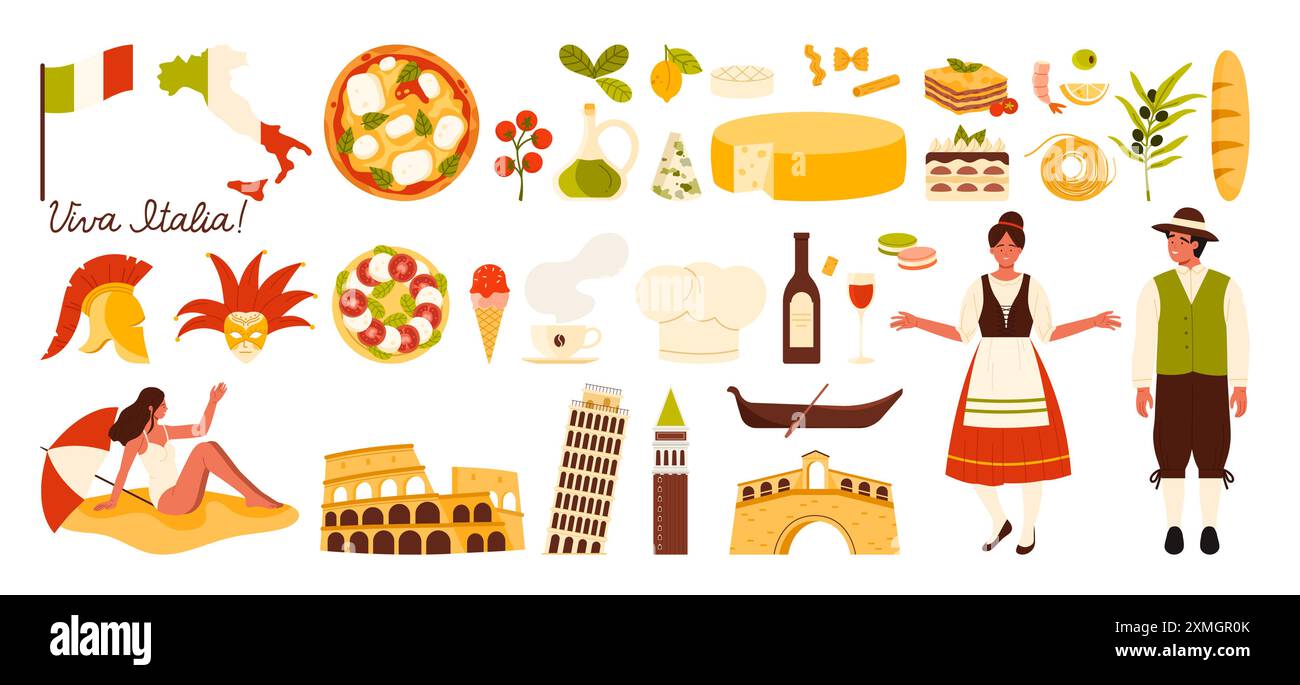 Travel to Italy set. Italian people in traditional costumes and famous ...