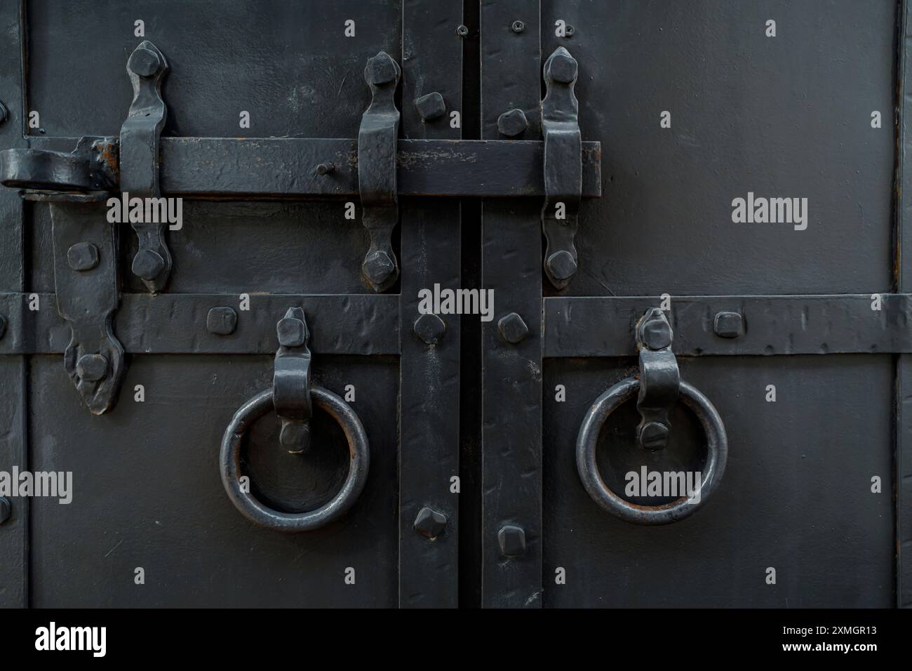 A detailed close-up view of an old black metal door featuring circular ...