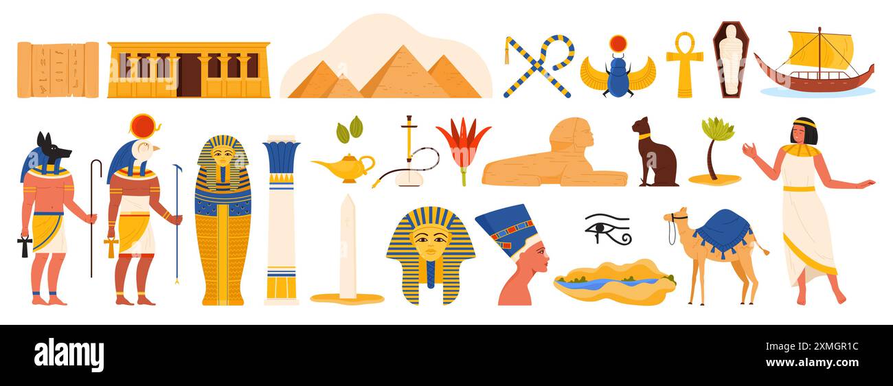 Travel to Egypt set. Egyptian pyramids and sand desert, national ...