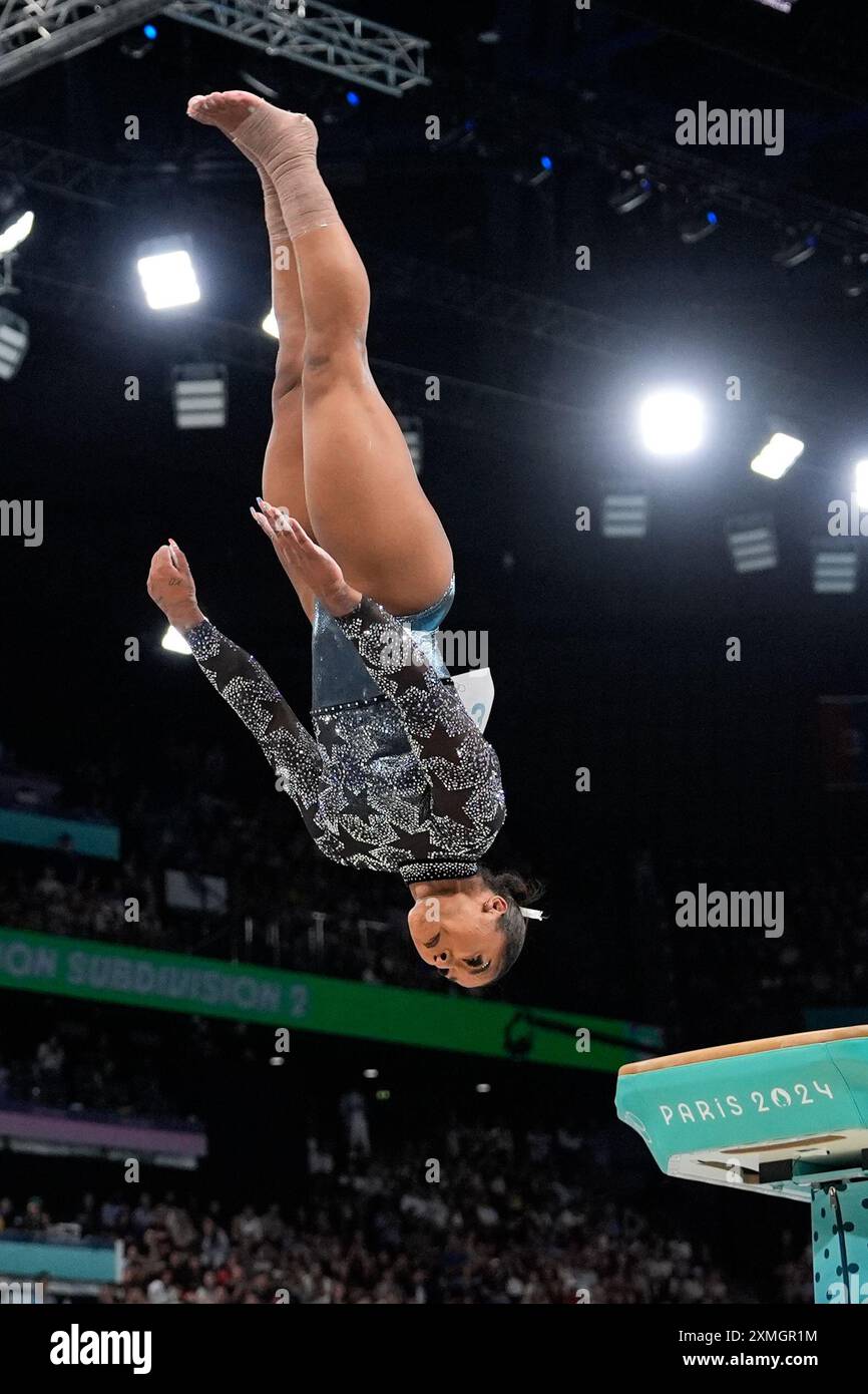 Jordan Chiles, of United States, competes on the vault during a women's ...