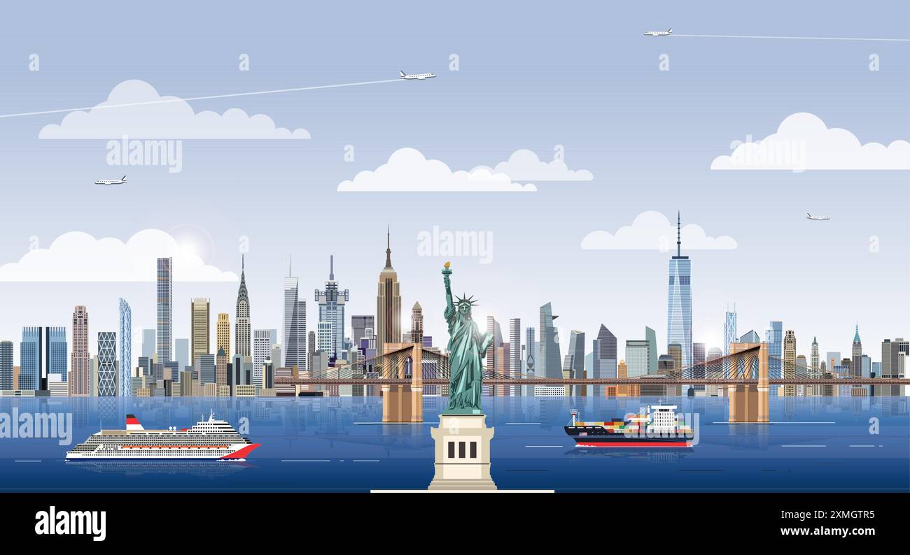 New York skyline on gradient beautiful day sky background. Vector ...