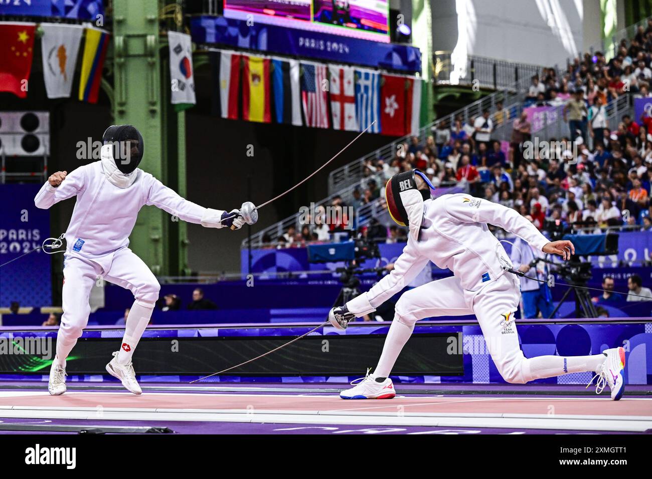 Paris, France. 28th July, 2024. Swiss fencer Alexis Bayard and Belgian ...