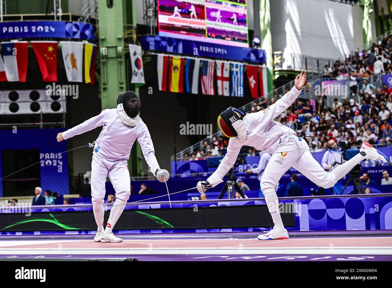 Paris, France. 28th July, 2024. Swiss fencer Alexis Bayard and Belgian ...