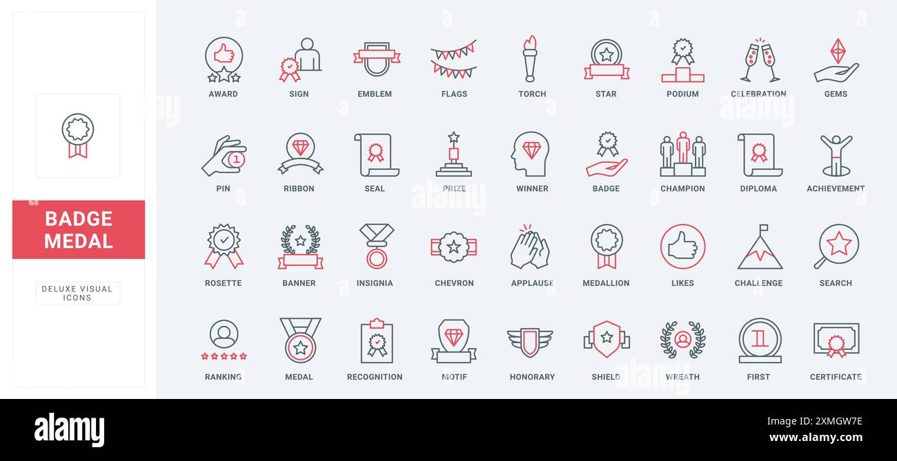 Award and medal, certificate of winner line icons set. Premium reward ...