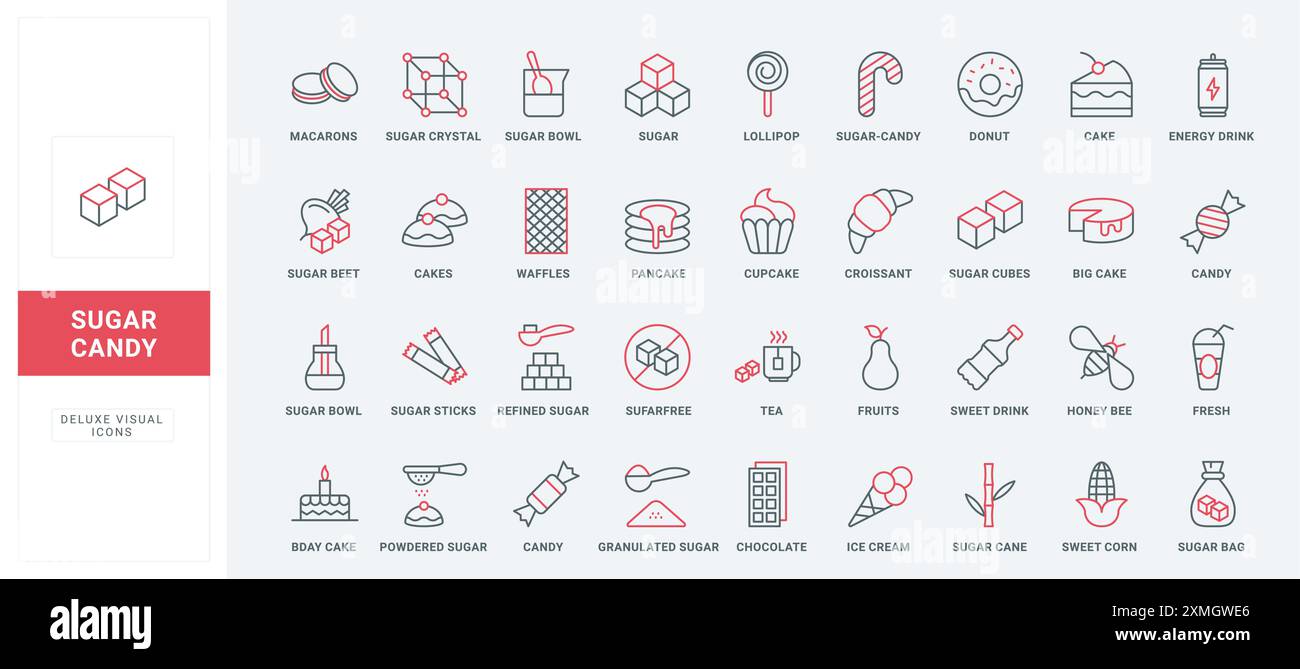 Sugar and sweets, bakery and confectionery products line icon set ...