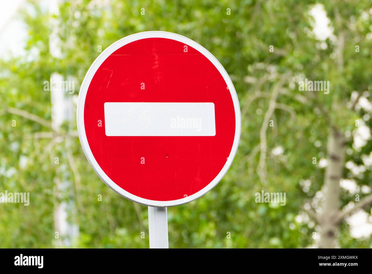 Close-up of a red no entry traffic sign with green foliage background ...