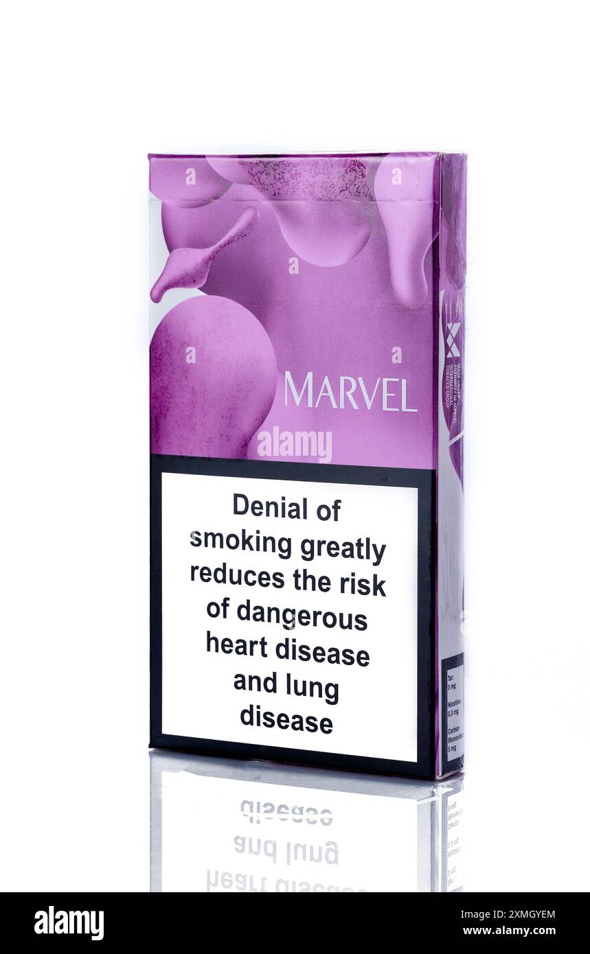 Gaziveren, Cyprus -07.23.2024 pack of Marvel cigarettes on a white ...
