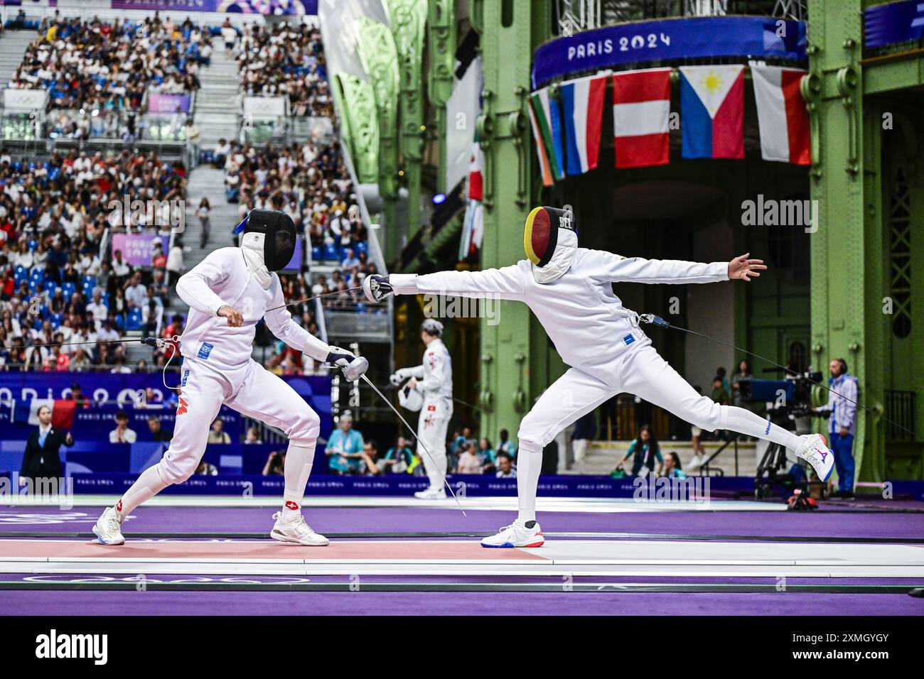 Paris, France. 28th July, 2024. Swiss fencer Alexis Bayard and Belgian ...