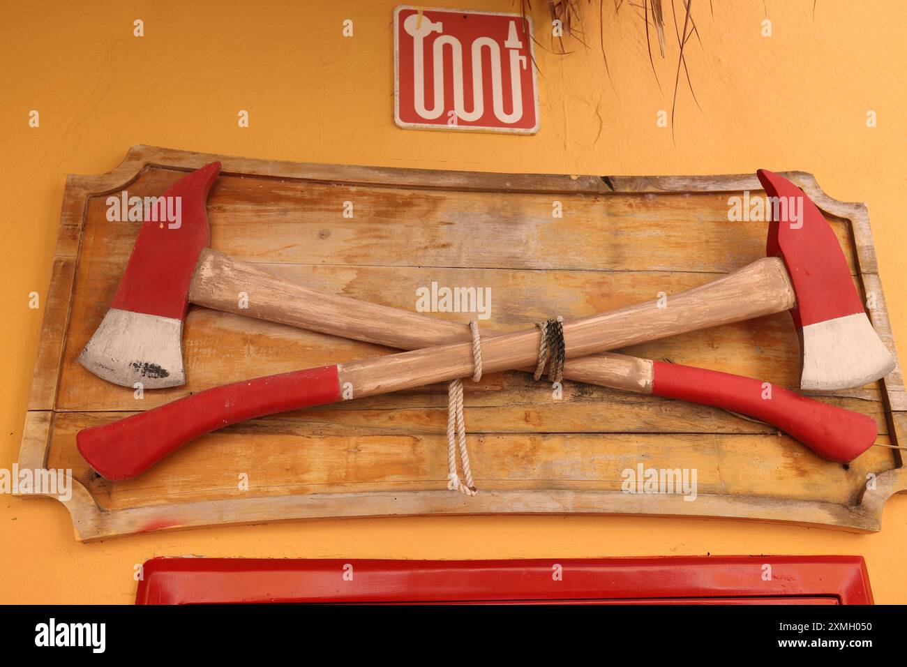 Rescue firefighter equipment, extinguisher, ax and fire line in red box ...