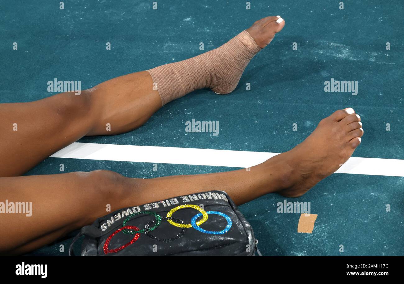 Paris, France. July 28th 2024. Close up detail of the feet strapping of ...