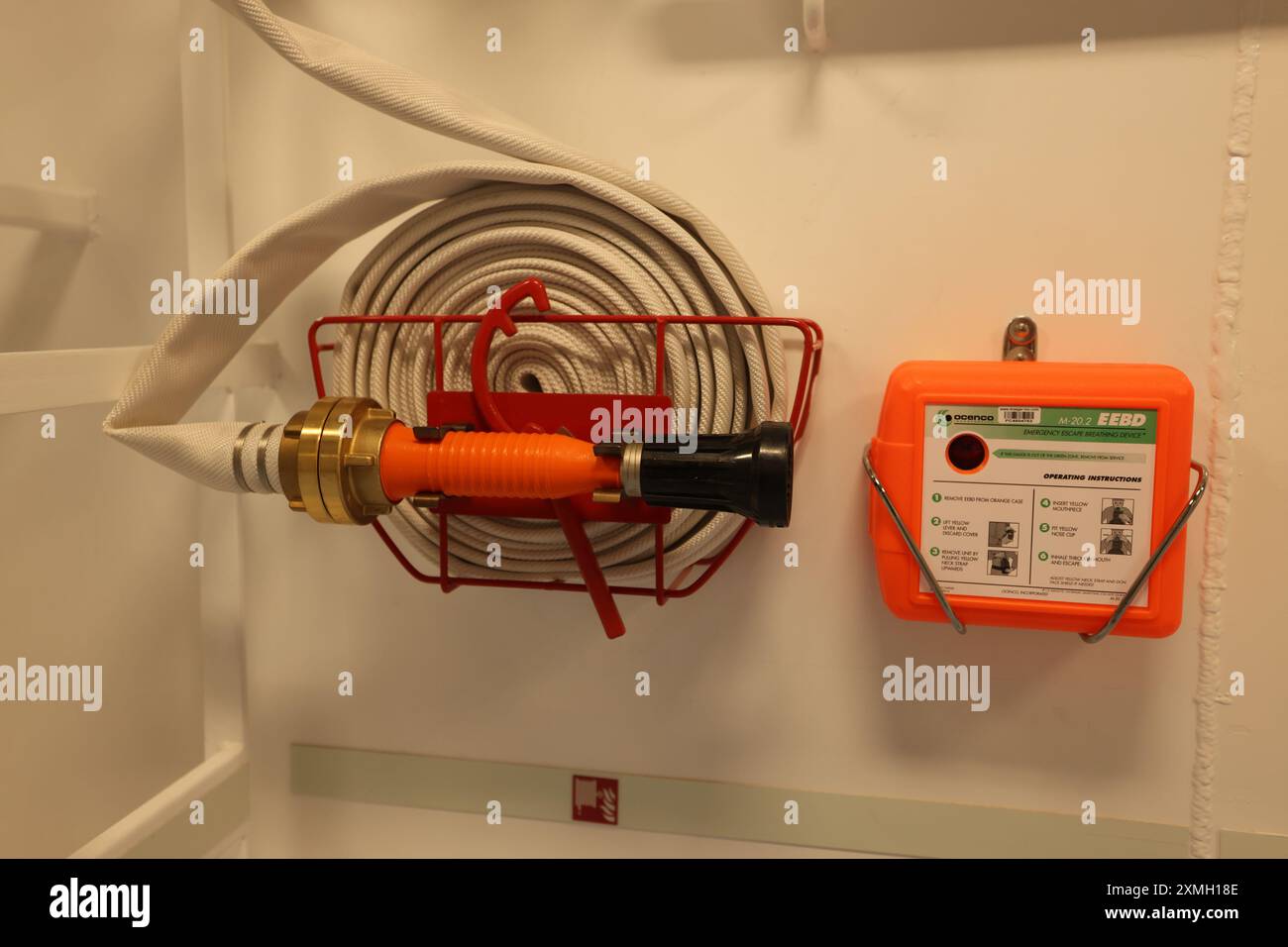 Rescue firefighter equipment, extinguisher, ax and fire line in red box ...