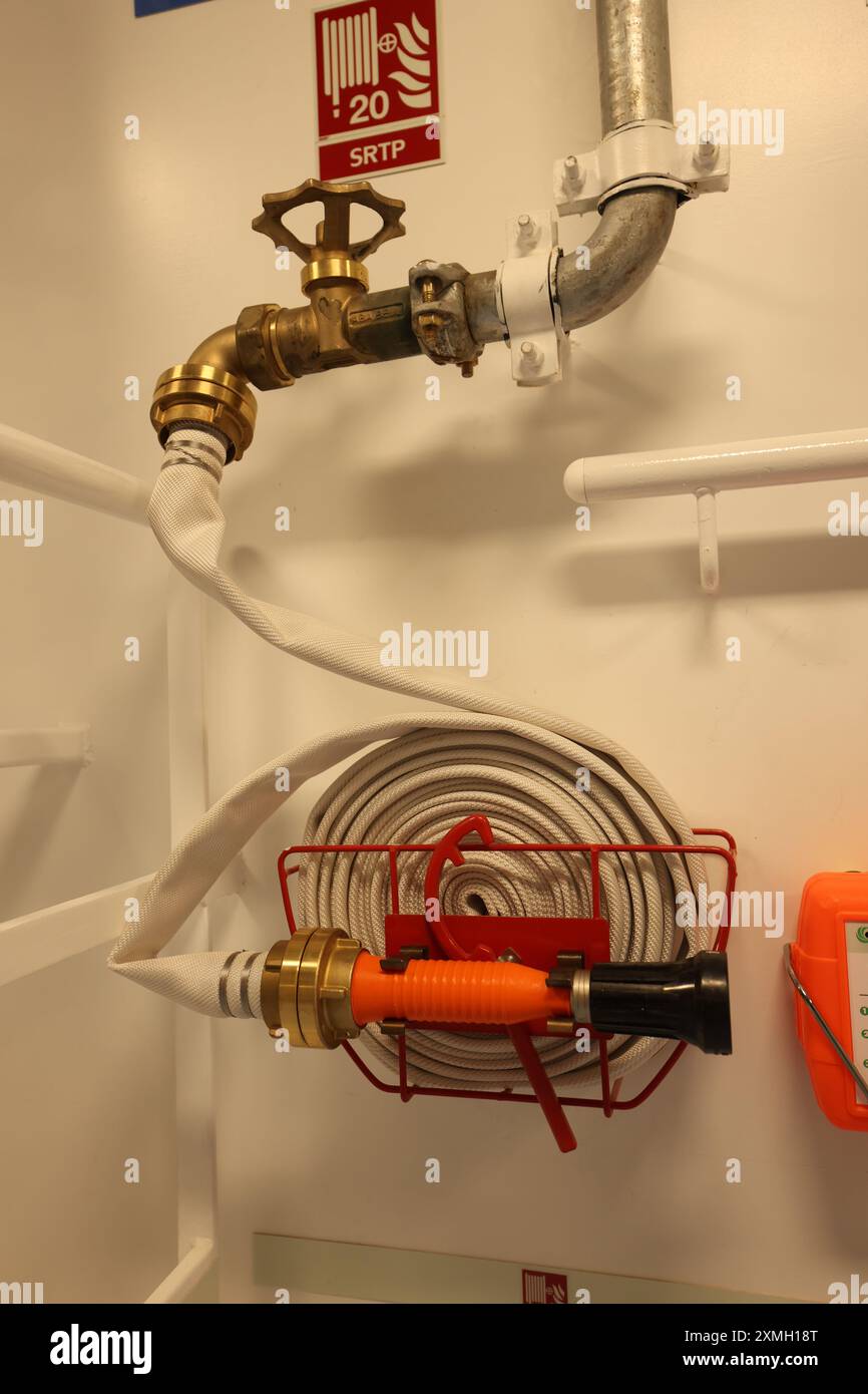 Rescue firefighter equipment, extinguisher, ax and fire line in red box ...