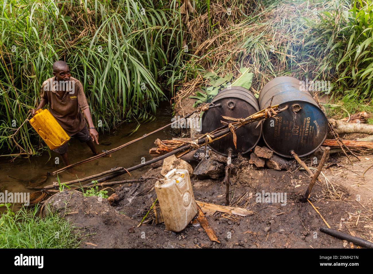 KIBUGA, UGANDA - MARCH 13, 2020: Rural banana alcohol distillery near ...