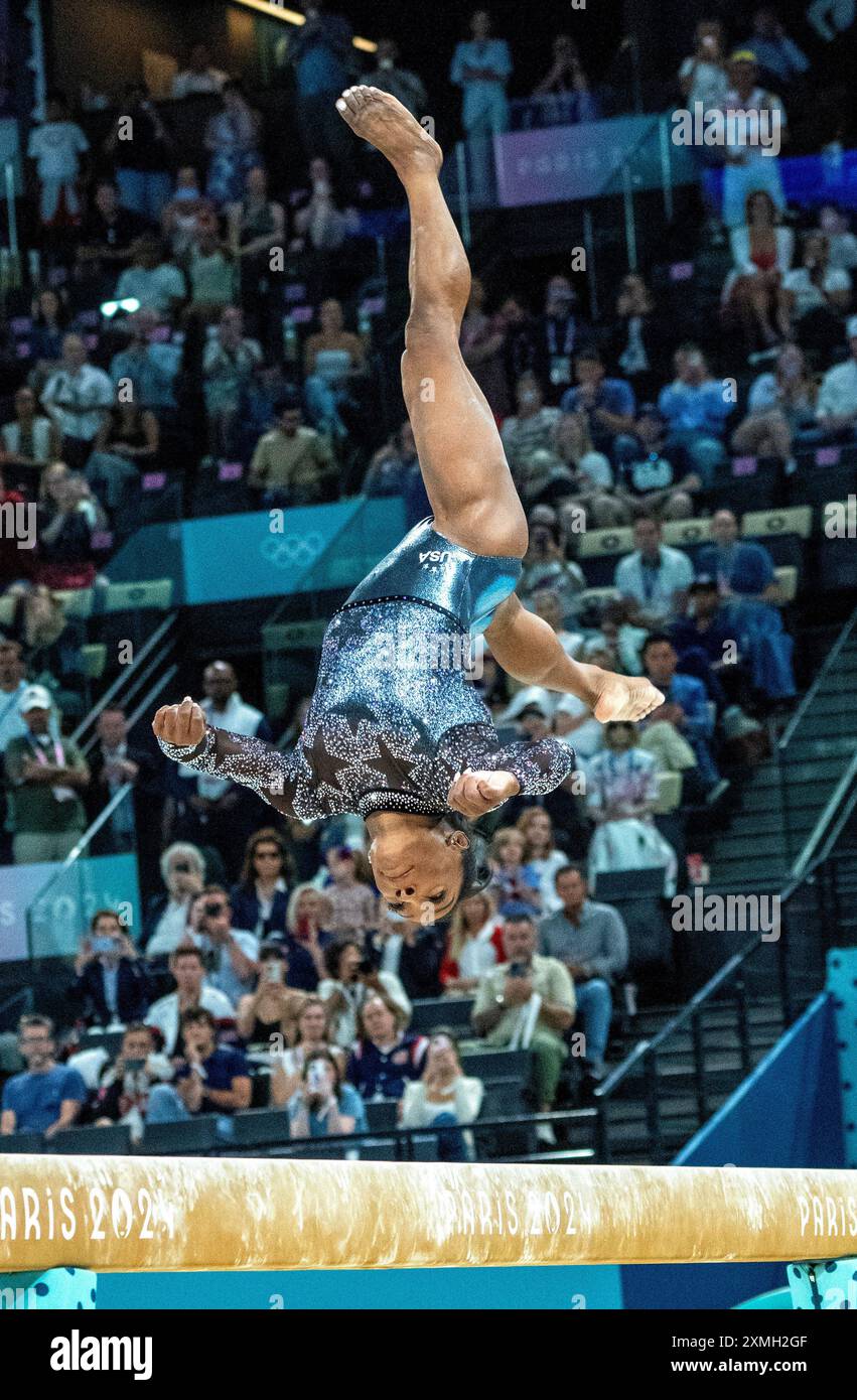 Paris, France. 28th July, 2024. USA's Simone Biles flips during her ...
